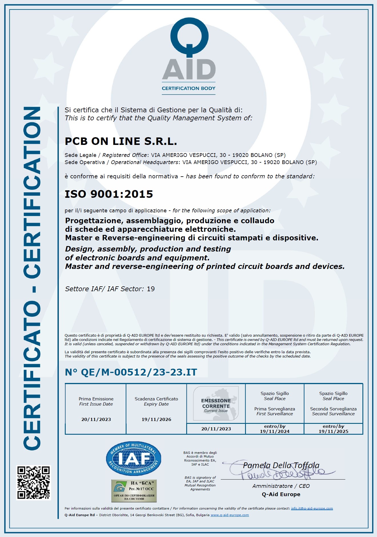 CERTIFICATION ISO 9001:2015 - PCB Online s.r.l